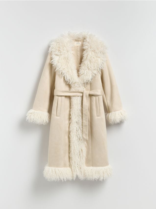 Палто с изкуствена кожа Цвят кремаво - RESERVED - 057HV-01X